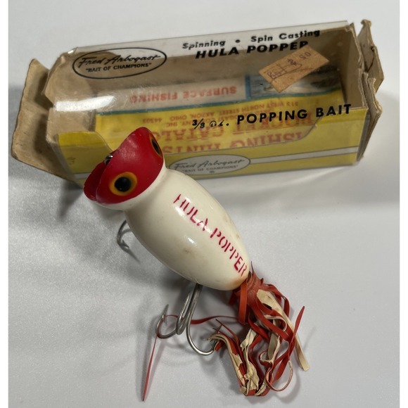 Arbogast | Fish | Vintage Hula Popper White Red Black Eye Mouth 2 ...